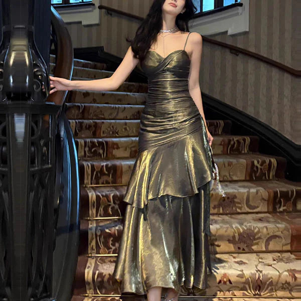 Aimishang Elegant Dark Chrome Ruffled Tiered Maxi Dress Long Prom Dres ...